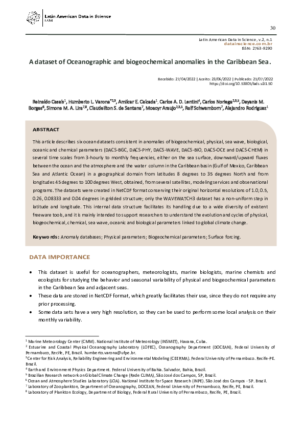 (PDF) A dataset of Oceanographic and biogeochemical anomalies in the ...
