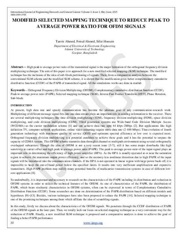 (PDF) Modified Selected Mapping Technique to Reduce Peak to Average Power Ratio for Ofdm Signals ...