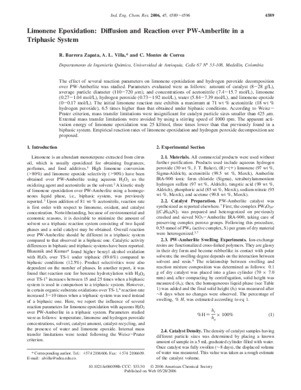 (PDF) Limonene Epoxidation: Diffusion and Reaction over PW-Amberlite in ...