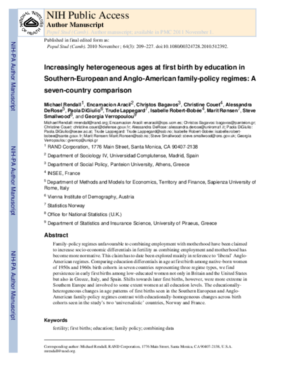 (PDF) Increasingly heterogeneous ages at first birth by education in Southern European and Anglo ...