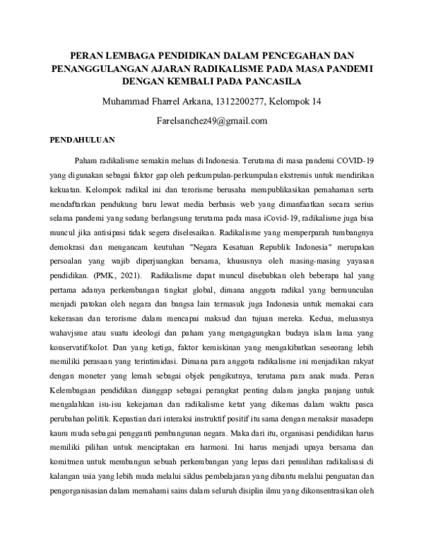 (DOC) PERAN LEMBAGA PENDIDIKAN DALAM PENCEGAHAN DAN PENANGGULANGAN AJARAN RADIKALISME PADA MASA ...