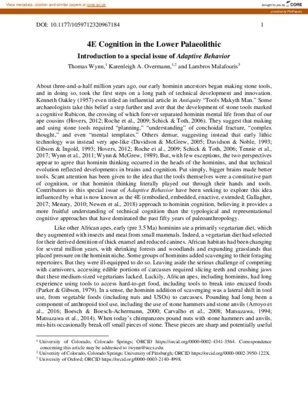 (PDF) 4E cognition in the Lower Palaeolithic: An introduction