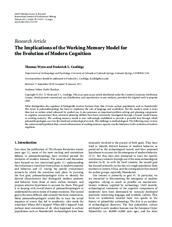 (PDF) The implications of the working memory model for the evolution of ...