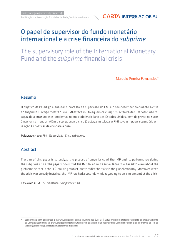 (PDF) O papel de supervisor do fundo monetário internacional e a crise financeira do subprime