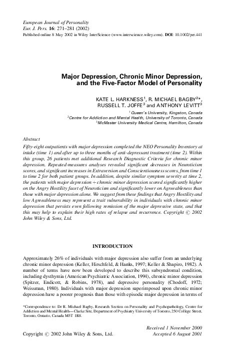 (PDF) Major depression, chronic minor depression, and the five‐factor ...