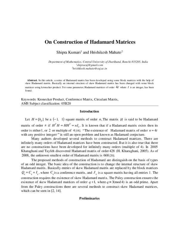 (PDF) On Construction of Hadamard Matrices