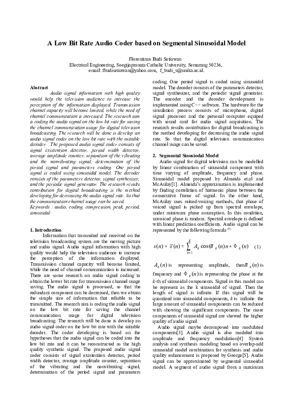 (PDF) A Low Bit Rate Audio Coder based on Segmental Sinusoidal Model