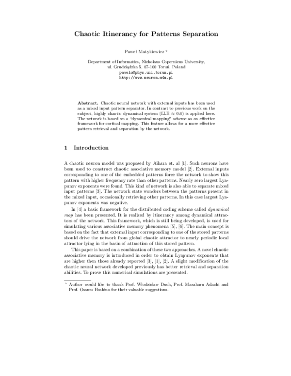 (PDF) Chaotic Itinerancy for Patterns Separation | Pawel Matykiewicz - Academia.edu