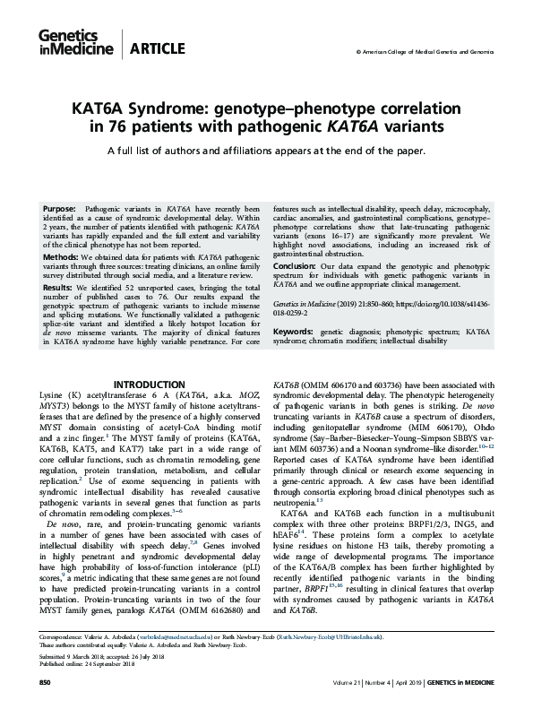 KAT6A Syndrome: genotype-phenotype correlation in 76 patients with ...