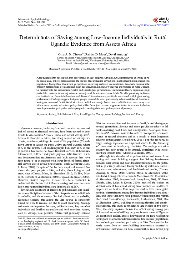 (PDF) Determinants of Saving among Low-Income Individuals in Rural ...