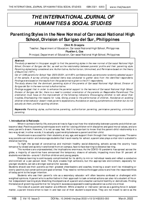 (PDF) Parenting Styles in the New Normal of Carrascal National High ...