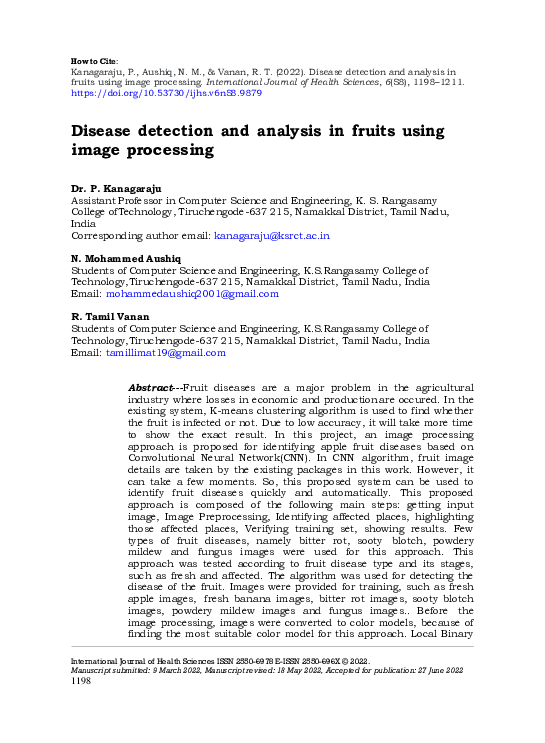 (PDF) Disease detection and analysis in fruits using image processing