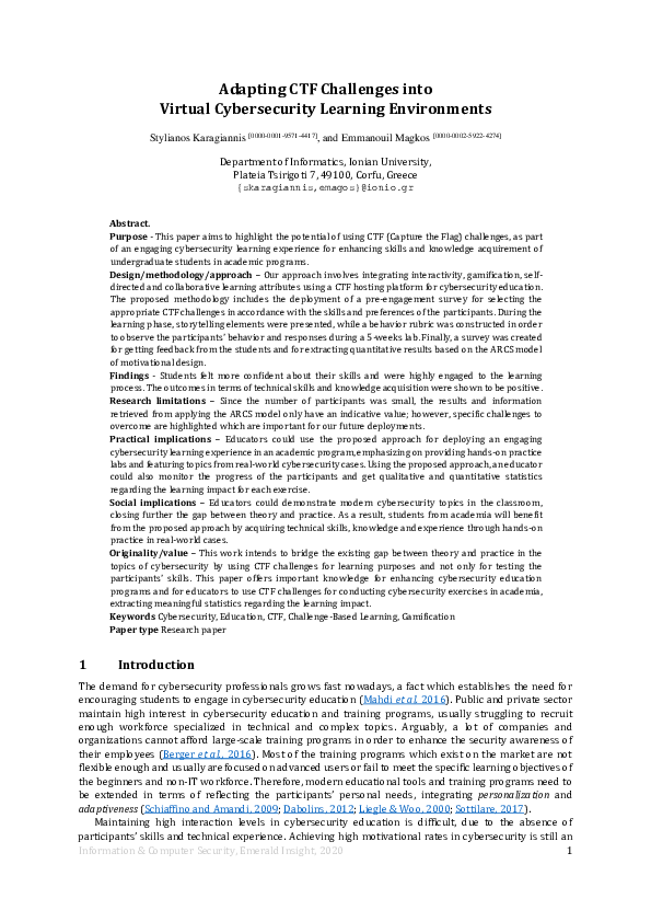 (PDF) Adapting CTF challenges into virtual cybersecurity learning environments