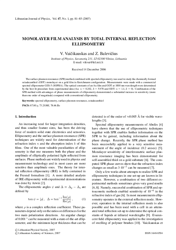 (PDF) Monolayer film analysis by total internal reflection ellipsometry