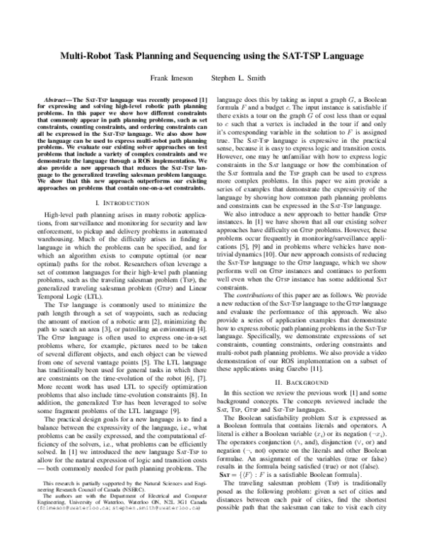 Pdf Multi Robot Task Planning And Sequencing Using The Sat Tsp Language