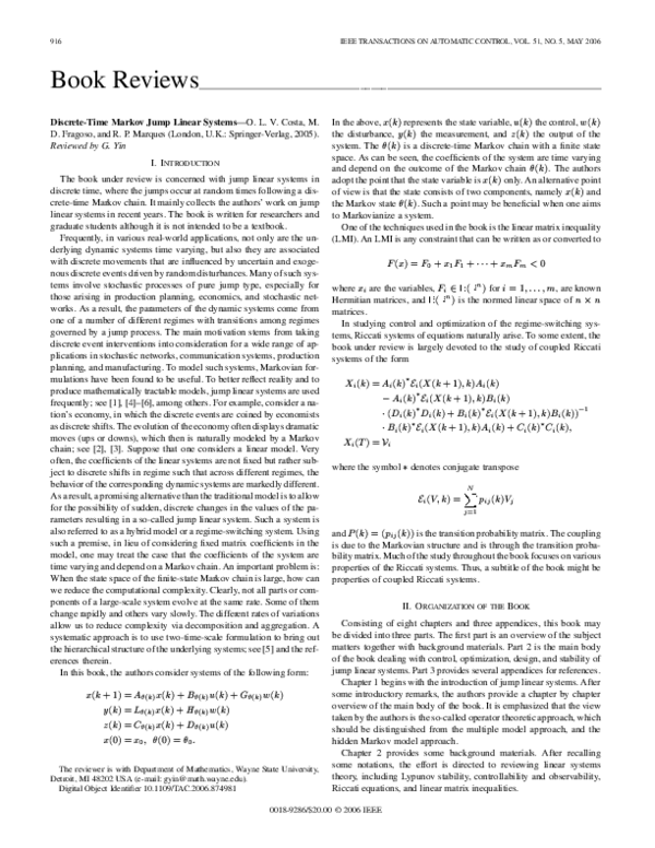 Pdf Discrete Time Markov Jump Linear Systems Marcelo Fragoso 