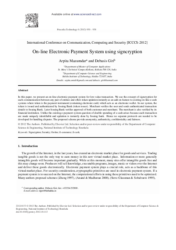 (PDF) On-line Electronic Payment System using signcryption