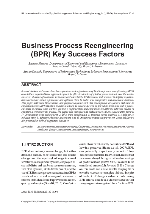 (PDF) Business Process Reengineering (BPR) Key Success Factors