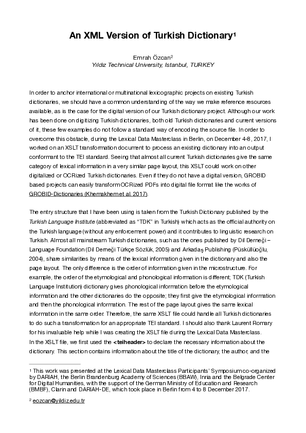 (PDF) An Xml Version Of Turkish Dictionary