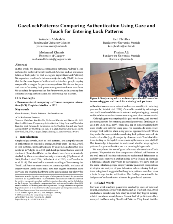 Pdf Gazelockpatterns Comparing Authentication Using Gaze And Touch For Entering Lock Patterns