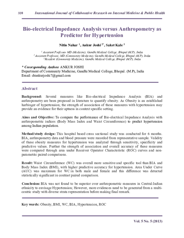 (PDF) Bio-electrical Impedance Analysis versus Anthropometry as ...