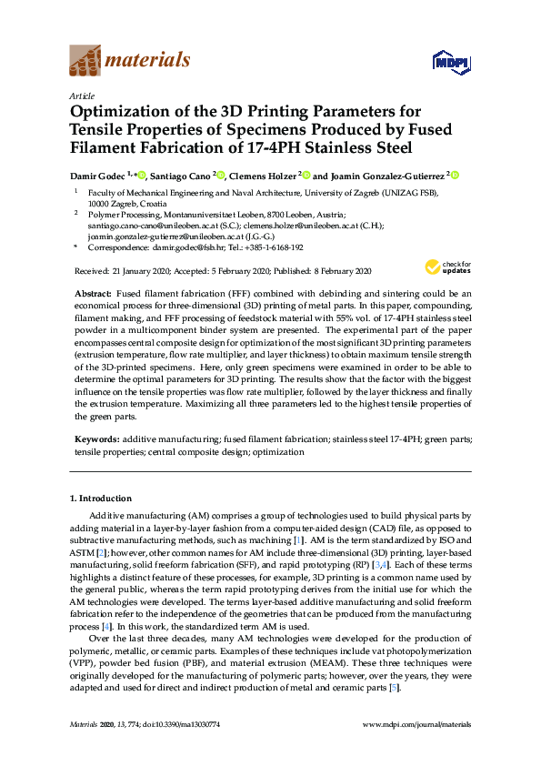 (PDF) Optimization of the 3D Printing Parameters for Tensile Properties of Specimens Produced by ...