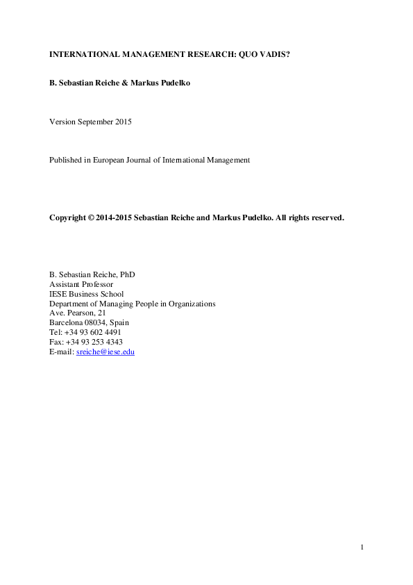 (PDF) International Management Research: Quo Vadis? | Markus Pudelko ...