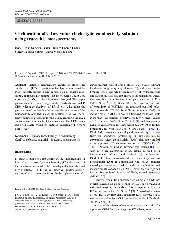 (PDF) Certification of a low value electrolytic conductivity solution ...