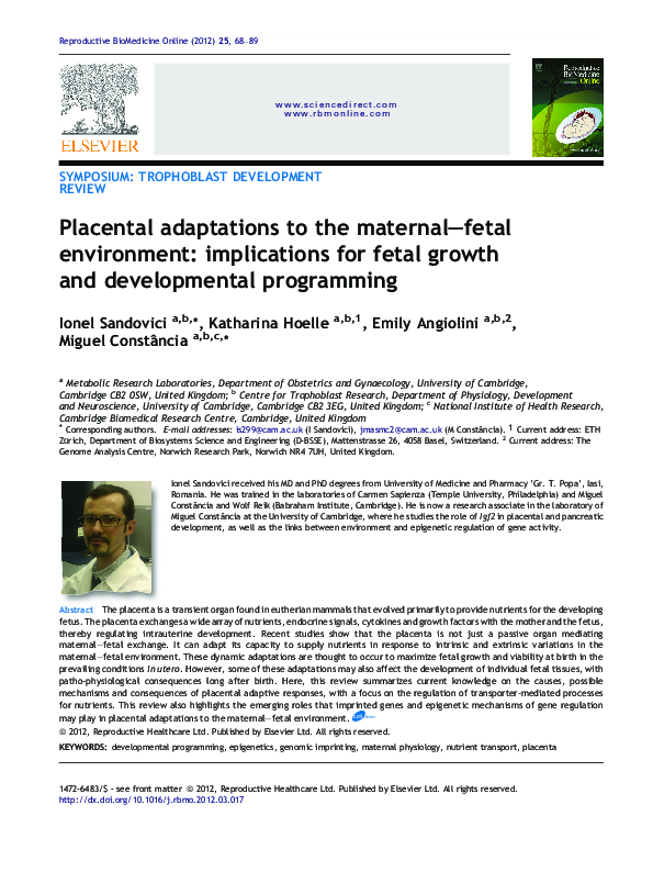 (PDF) Placental adaptations to the maternal–fetal environment: implications for fetal growth and ...