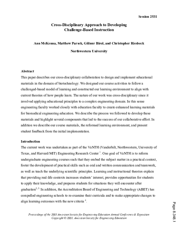 (PDF) Cross Disciplinary Approach To Developing Challenge Based Instruction
