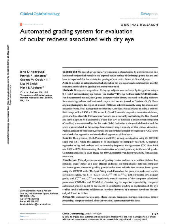 (PDF) Automated grading system for evaluation of ocular redness associated with dry eye