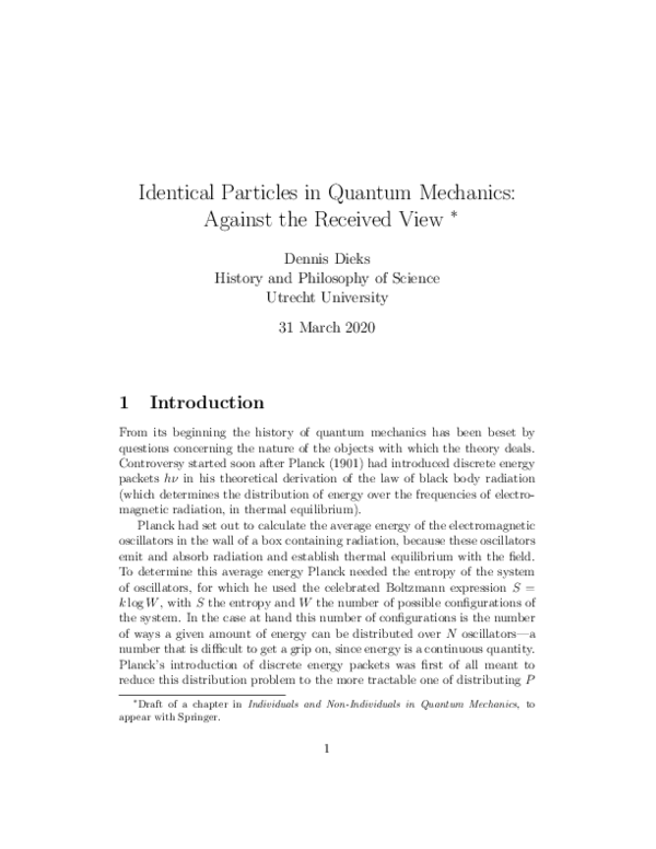 (PDF) Identical Particles in Quantum Mechanics: Against the Received View