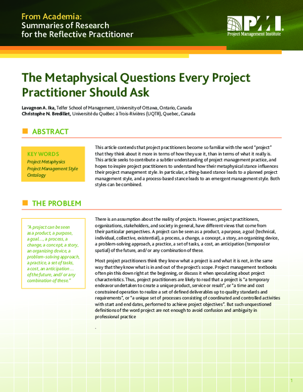 (PDF) The Metaphysical Questions Every Project Practitioner Should Ask
