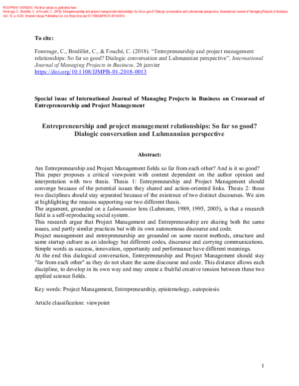 (PDF) Entrepreneurship and project management relationships