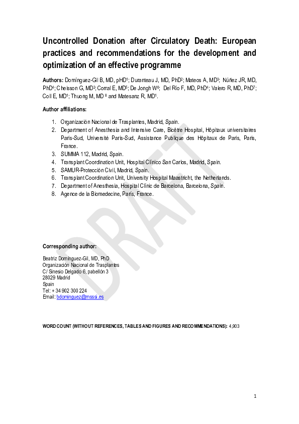 (PDF) Uncontrolled Donation after Circulatory Death: European practices and recommendations for ...