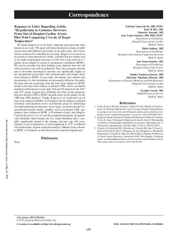 (PDF) Response to Letter Regarding Article, "Hypothermia in Comatose ...