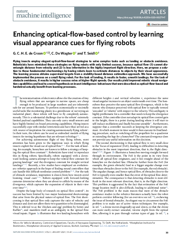 (PDF) Enhancing optical-flow-based control by learning visual appearance cues for flying robots
