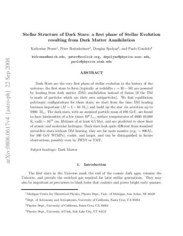 (PDF) Stellar Structure of Dark Stars: A First Phase of Stellar Evolution Resulting from Dark ...