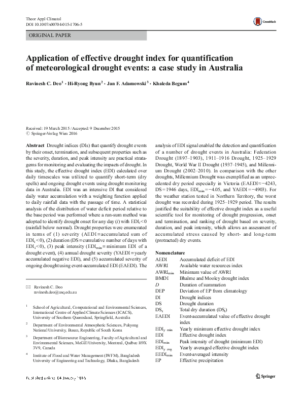 (PDF) Quantifying Meteorological Drought in Australia Using EDI