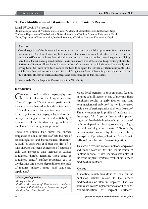 (PDF) Surface Modification of Titanium Dental Implants: A Review