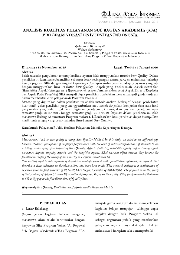 (PDF) Analisis Kualitas Pelayanan Sub Bagian Akademik (Sba) Program Vokasi Universitas Indonesia
