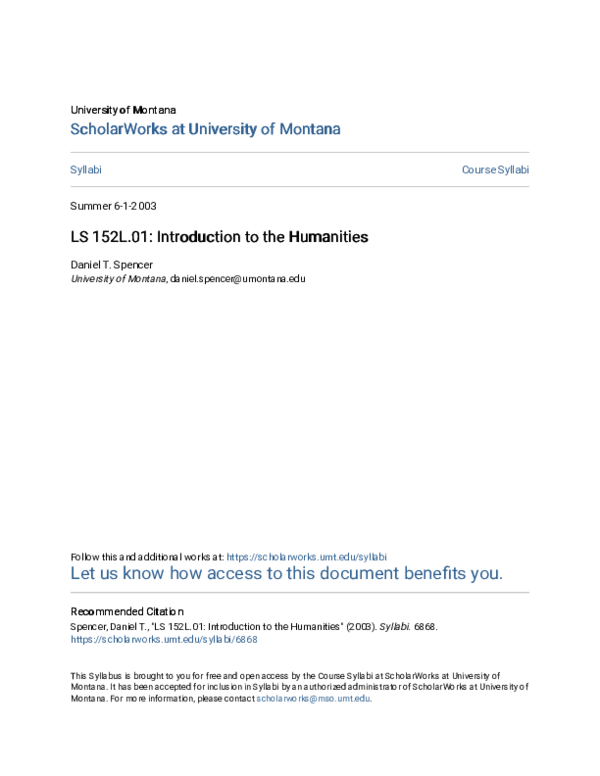 (PDF) LS 152L.01: Introduction to the Humanities