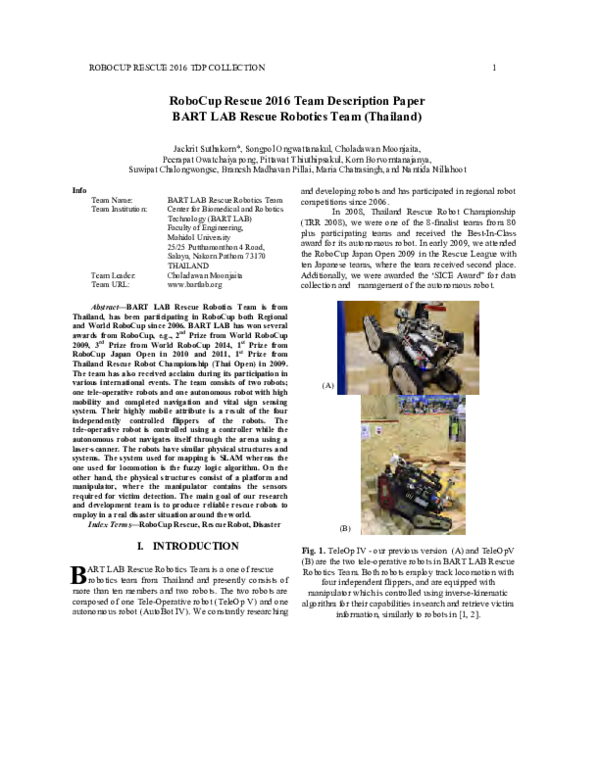 (PDF) RoboCup Rescue 2016 Team Description Paper BART LAB Rescue Robotics Team ( Thailand )
