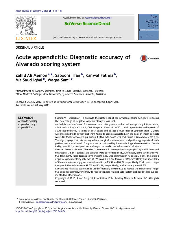 (PDF) Acute appendicitis: Diagnostic accuracy of Alvarado scoring system