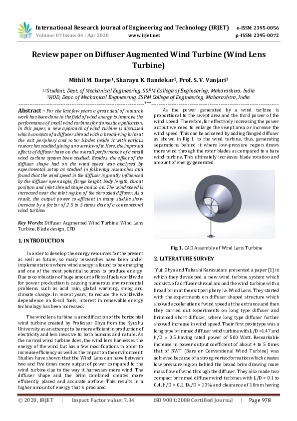 (PDF) Review paper on Diffuser Augmented Wind Turbine (Wind Lens Turbine)