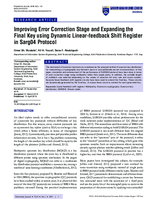 Pdf Improving Error Correction Stage And Expanding The Final Key Using Dynamic Linear Feedback