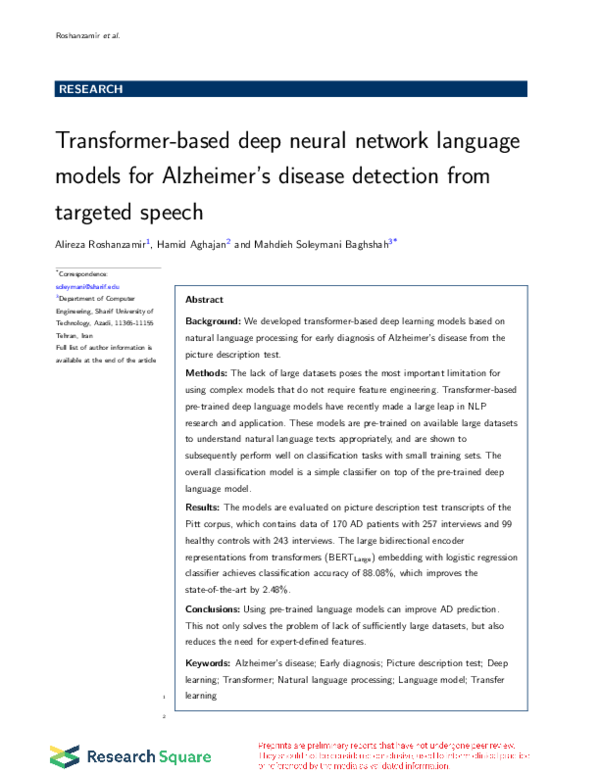 Pdf Transformer Based Deep Neural Network Language Models For Alzheimers Disease Detection