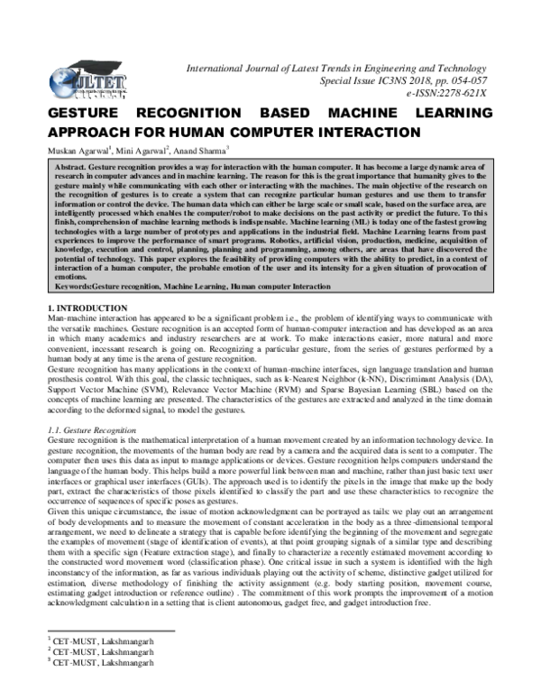 Pdf Gesture Recognition Based Machine Learning Approach For Human