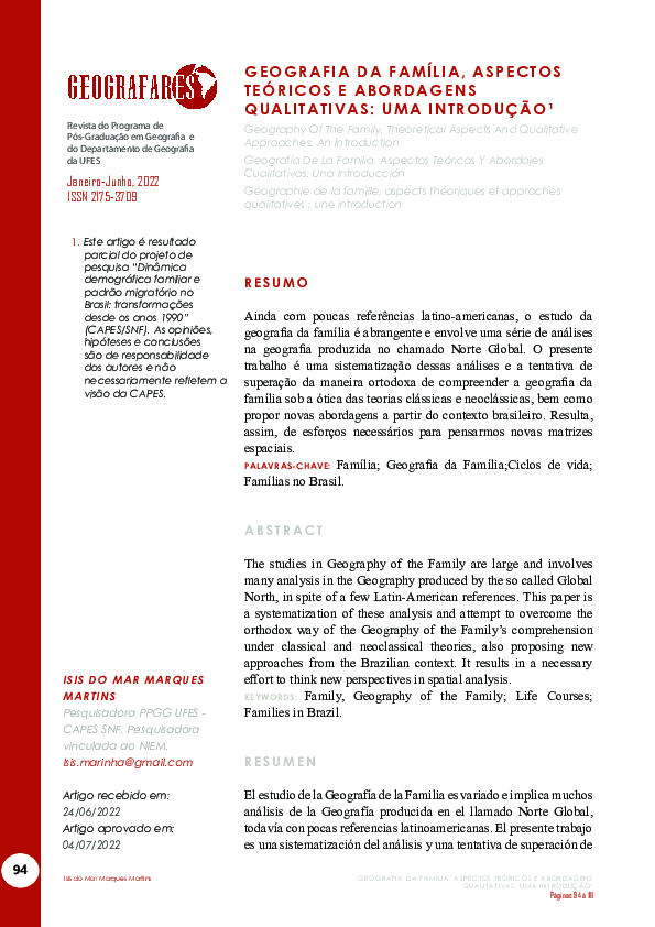 (PDF) Geography Of The Family, Theoretical Aspects And Qualitative ...