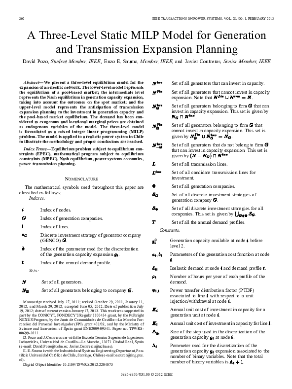 Pdf A Three Level Static Milp Model For Generation And Transmission Expansion Planning